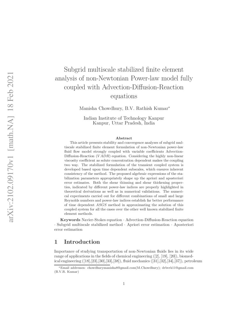 Subgrid multiscale stabilized finite element analysis of non-Newtonian Power-law model fully ...