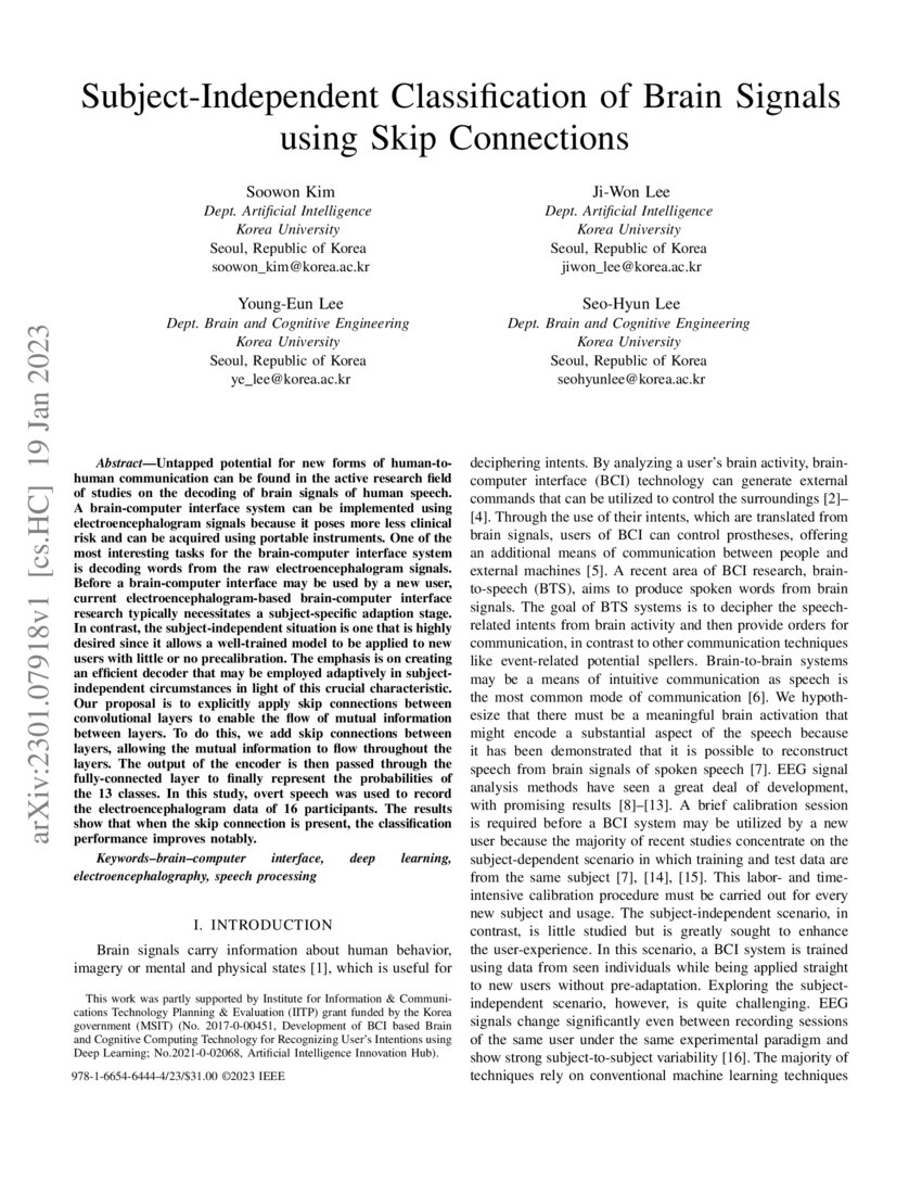 Subject-Independent Classification of Brain Signals using Skip Connections | DeepAI