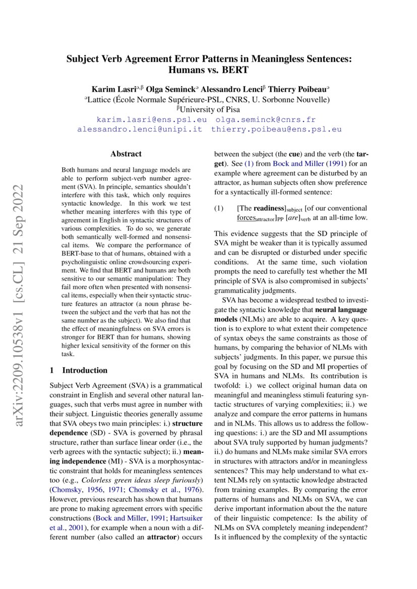 Subject Verb Agreement Error Patterns in Meaningless Sentences: Humans ...
