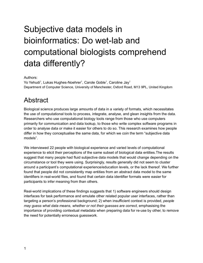 Subjective Data Models In Bioinformatics Do Wet Lab And Computational Biologists Comprehend