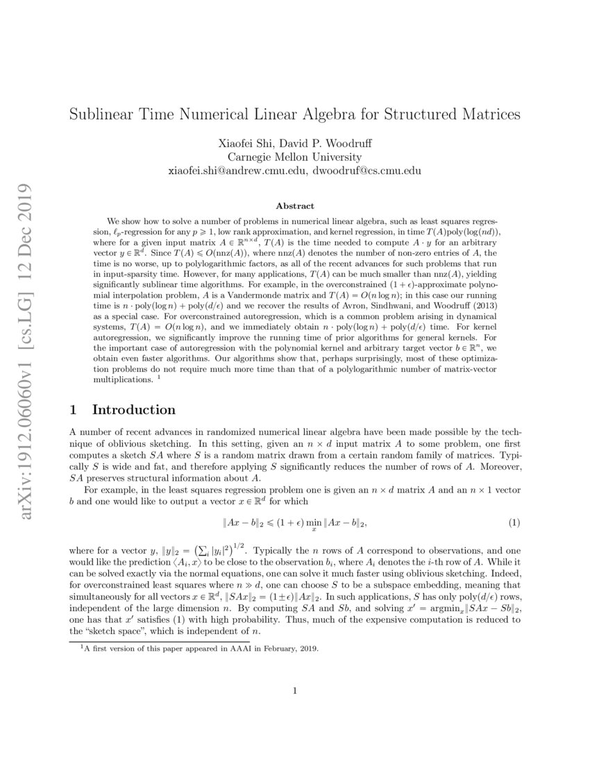Sublinear Time Numerical Linear Algebra for Structured Matrices | DeepAI