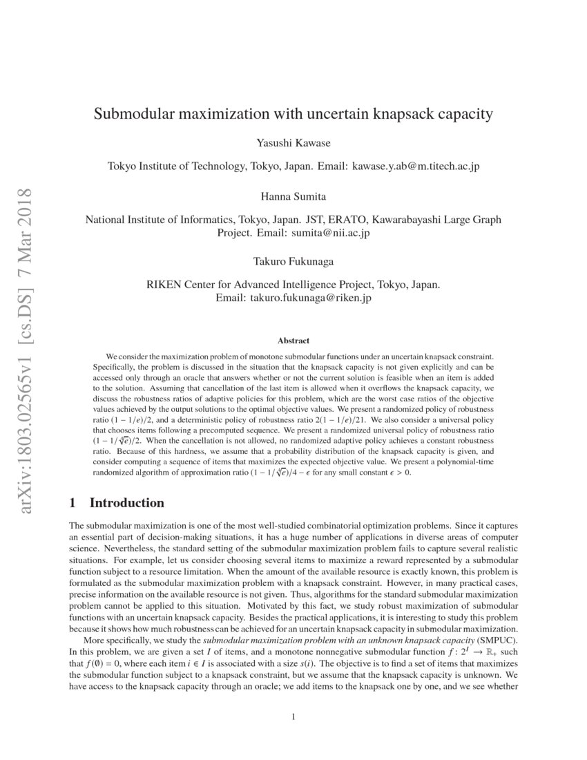 Submodular Maximization With Uncertain Knapsack Capacity Deepai
