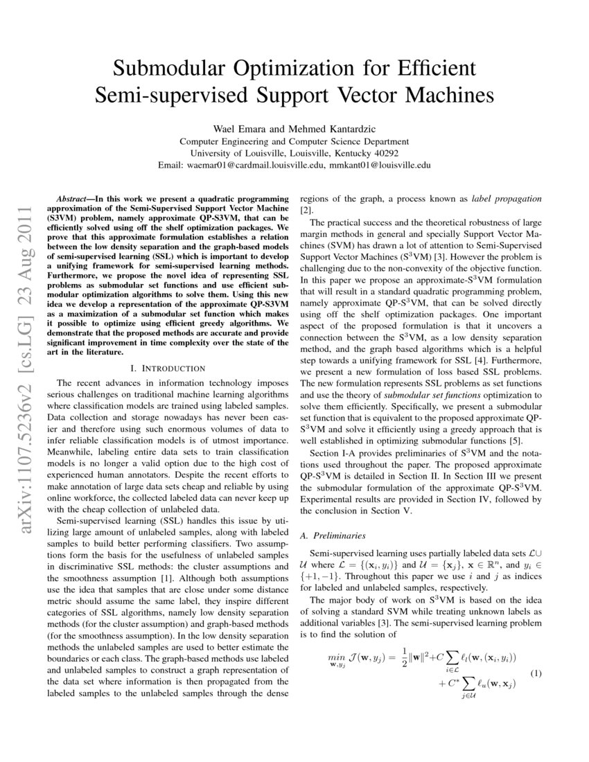 Submodular Optimization For Efficient Semi Supervised Support Vector Machines Deepai