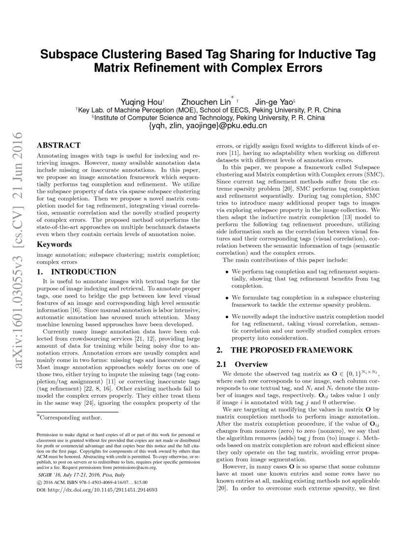 Subspace Clustering Based Tag Sharing For Inductive Tag Matrix Refinement With Complex Errors