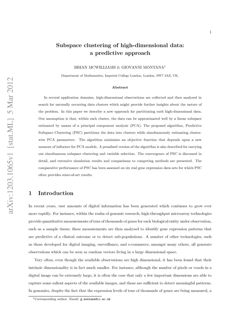 Subspace Clustering Of High Dimensional Data A Predictive Approach Deepai