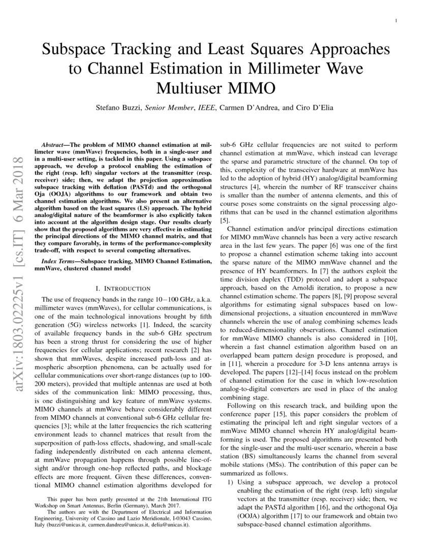 Subspace Tracking and Least Squares Approaches to Channel Estimation in ...
