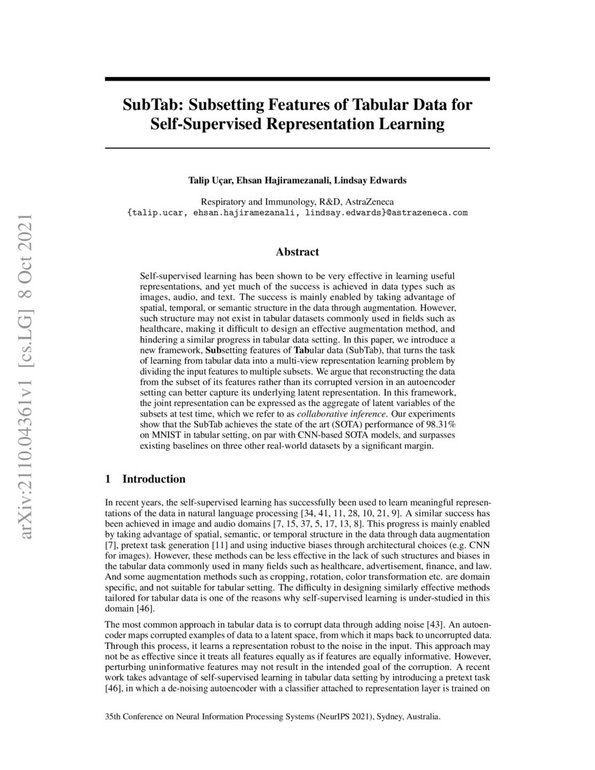 SubTab: Subsetting Features of Tabular Data for Self-Supervised ... SubTab: Subsetting Features of Tabular Data for Self-Supervised ...