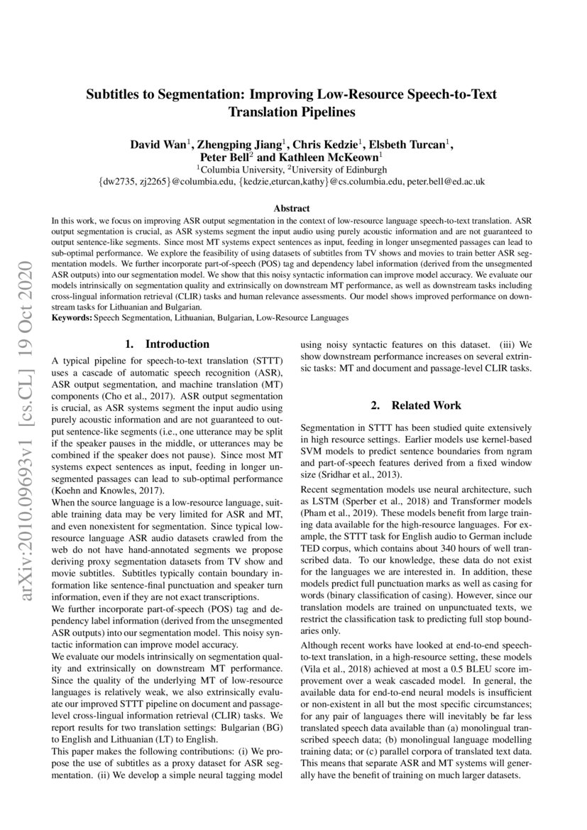 Subtitles To Segmentation Improving Low Resource Speech To Text