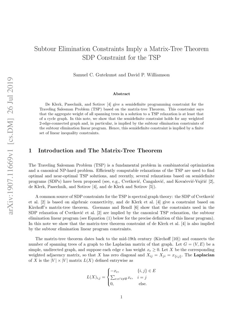 Subtour Elimination Constraints Imply a Matrix-Tree Theorem SDP Constraint for the TSP | DeepAI