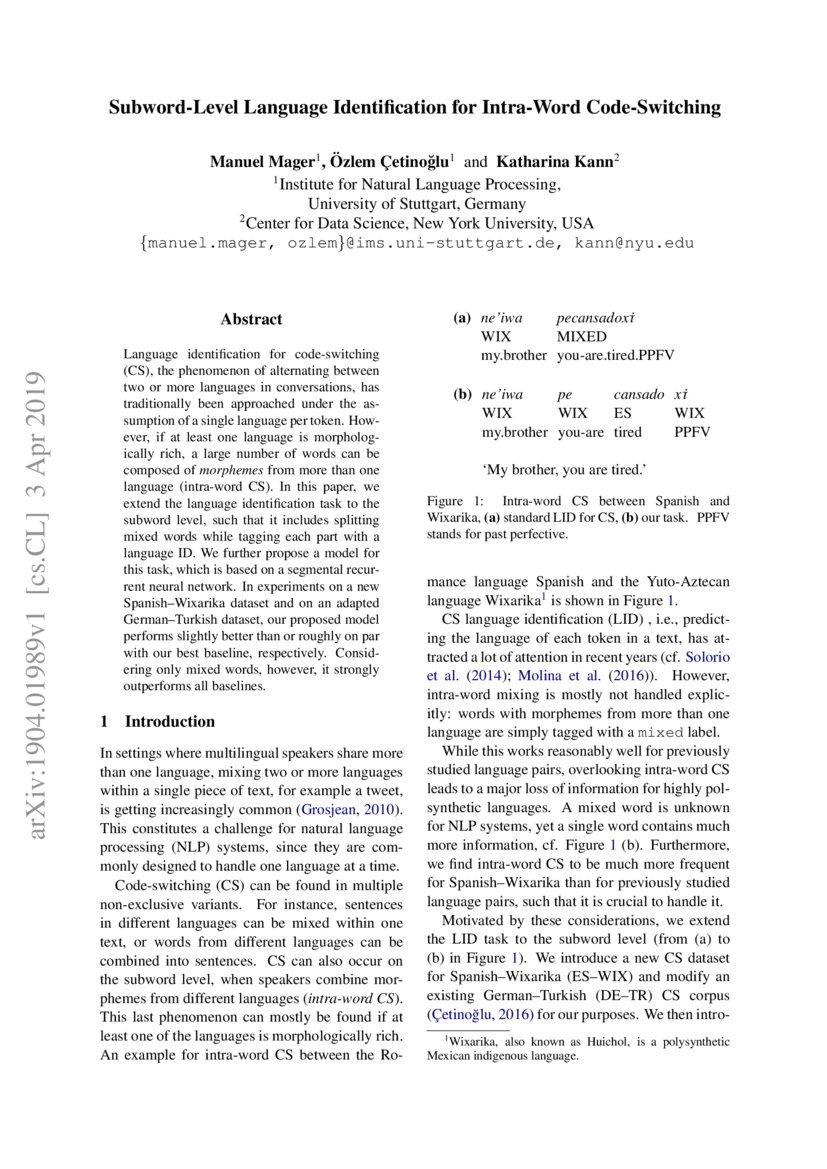 Subword Level Language Identification For Intra Word Code Switching Deepai