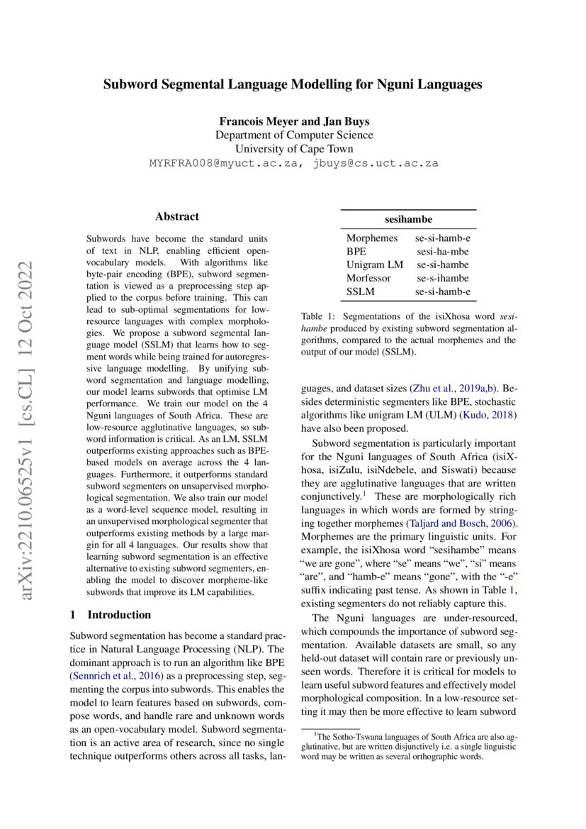 Subword Segmental Language Modelling for Nguni Languages | DeepAI