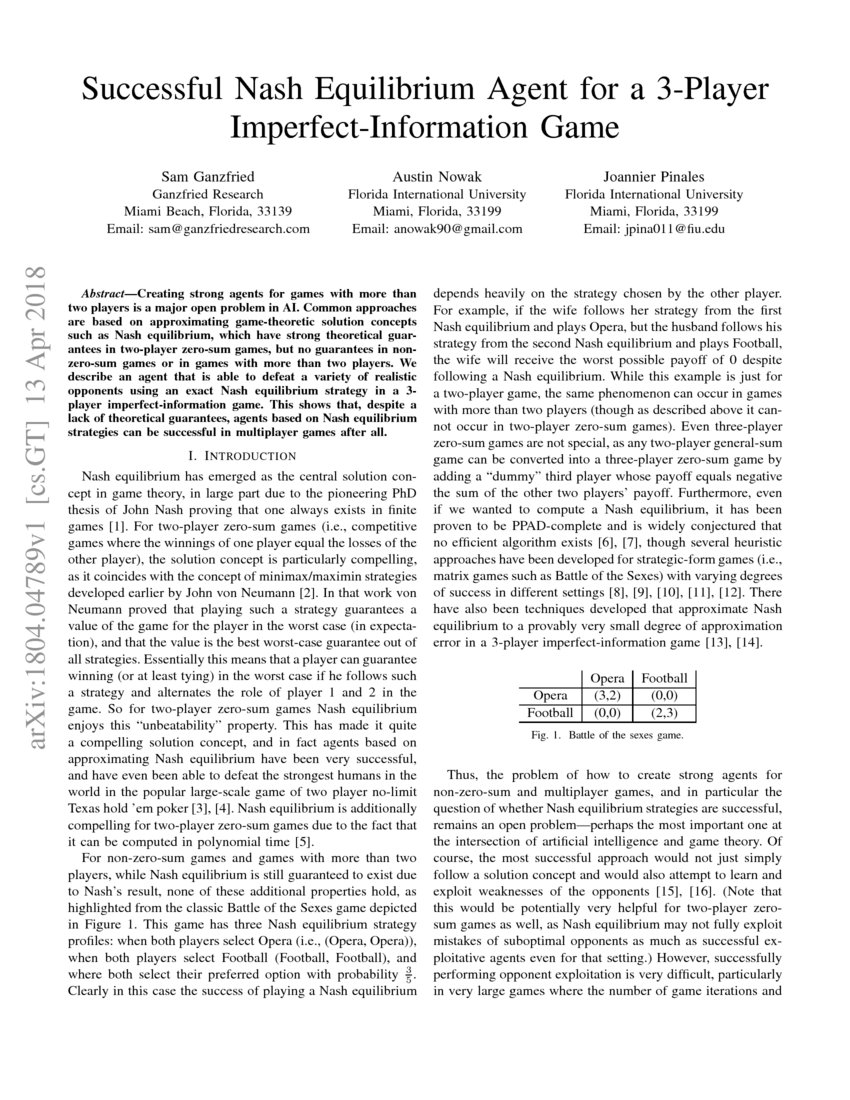 Successful Nash Equilibrium Agent For A 3 Player Imperfect Information Game Deepai