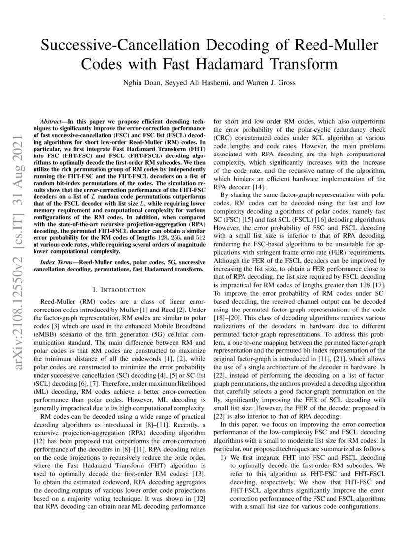 Successive-Cancellation Decoding of Reed-Muller Codes with Fast Hadamard Transform | DeepAI