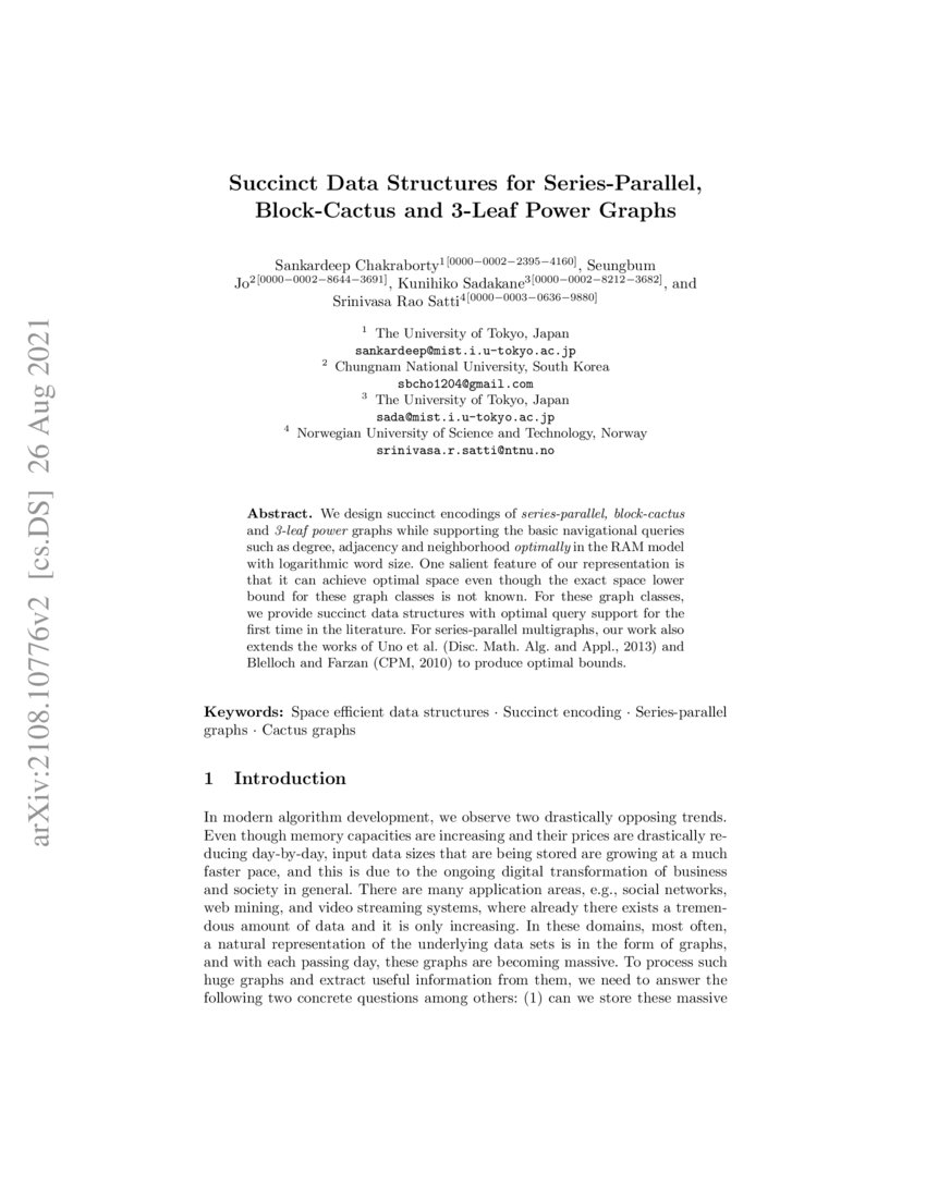 Succinct Data Structures For Series Parallel Block Cactus And 3 Leaf Power Graphs Deepai