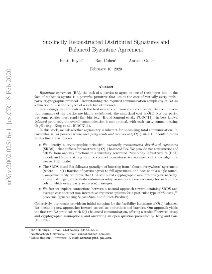 Succinctly Reconstructed Distributed Signatures and Balanced Byzantine ...