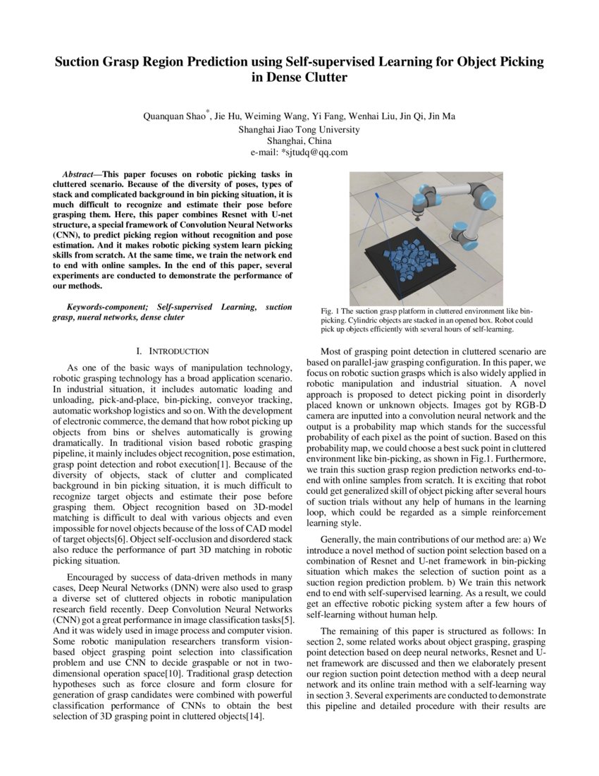 Suction Grasp Region Prediction Using Self Supervised Learning For Object Picking In Dense