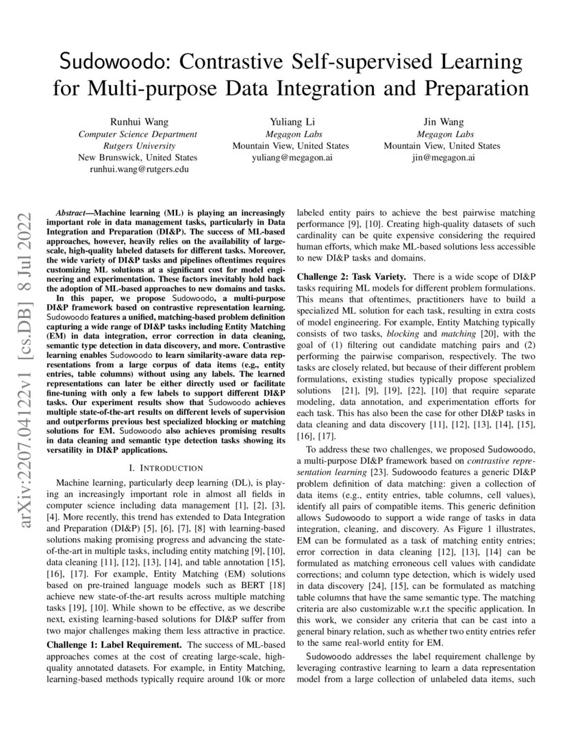 Sudowoodo: Contrastive Self-supervised Learning for Multi-purpose Data ...