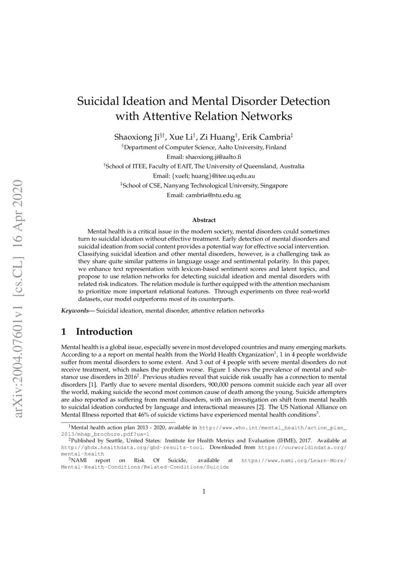 Suicidal Ideation And Mental Disorder Detection With Attentive Relation Networks Deepai