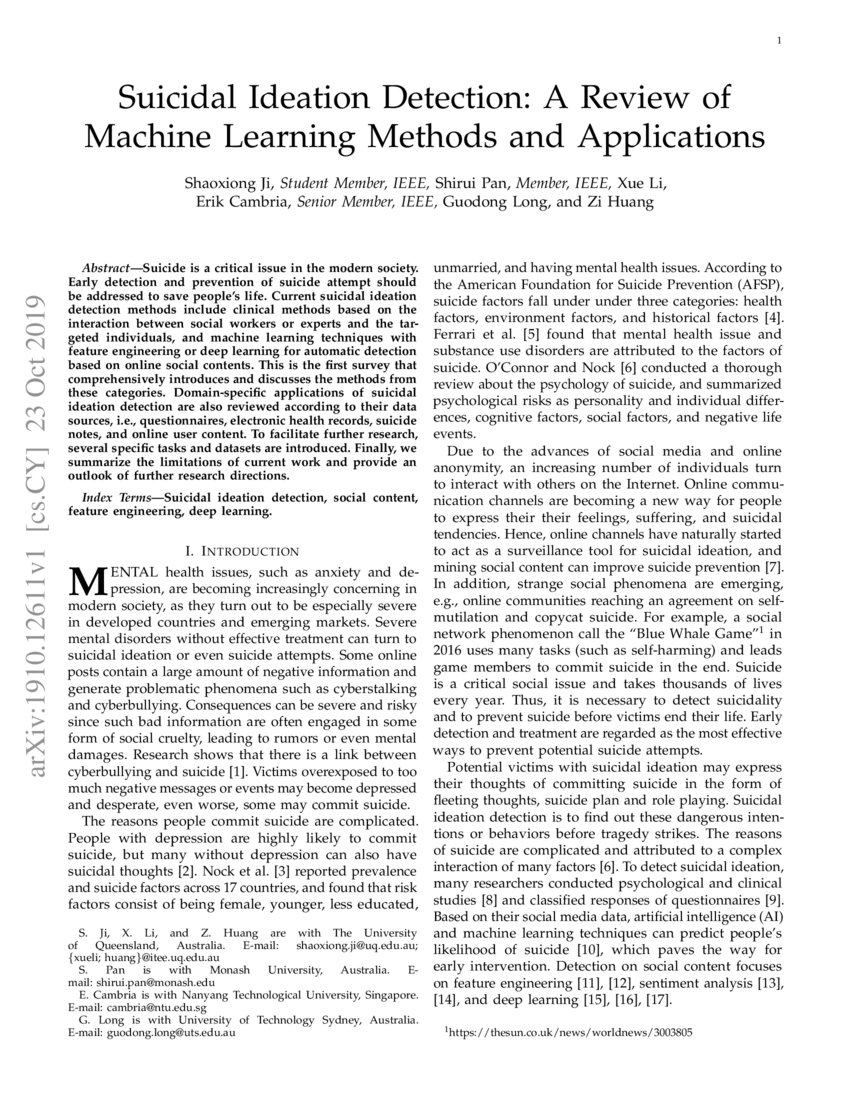 Suicidal Ideation Detection A Review Of Machine Learning Methods And Applications Deepai
