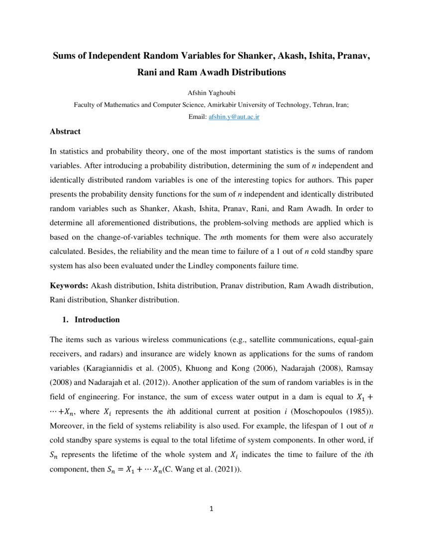 Sum of independent random variable for Shanker, Akash, Ishita, Pranav, Rani and Ram Awadh ...
