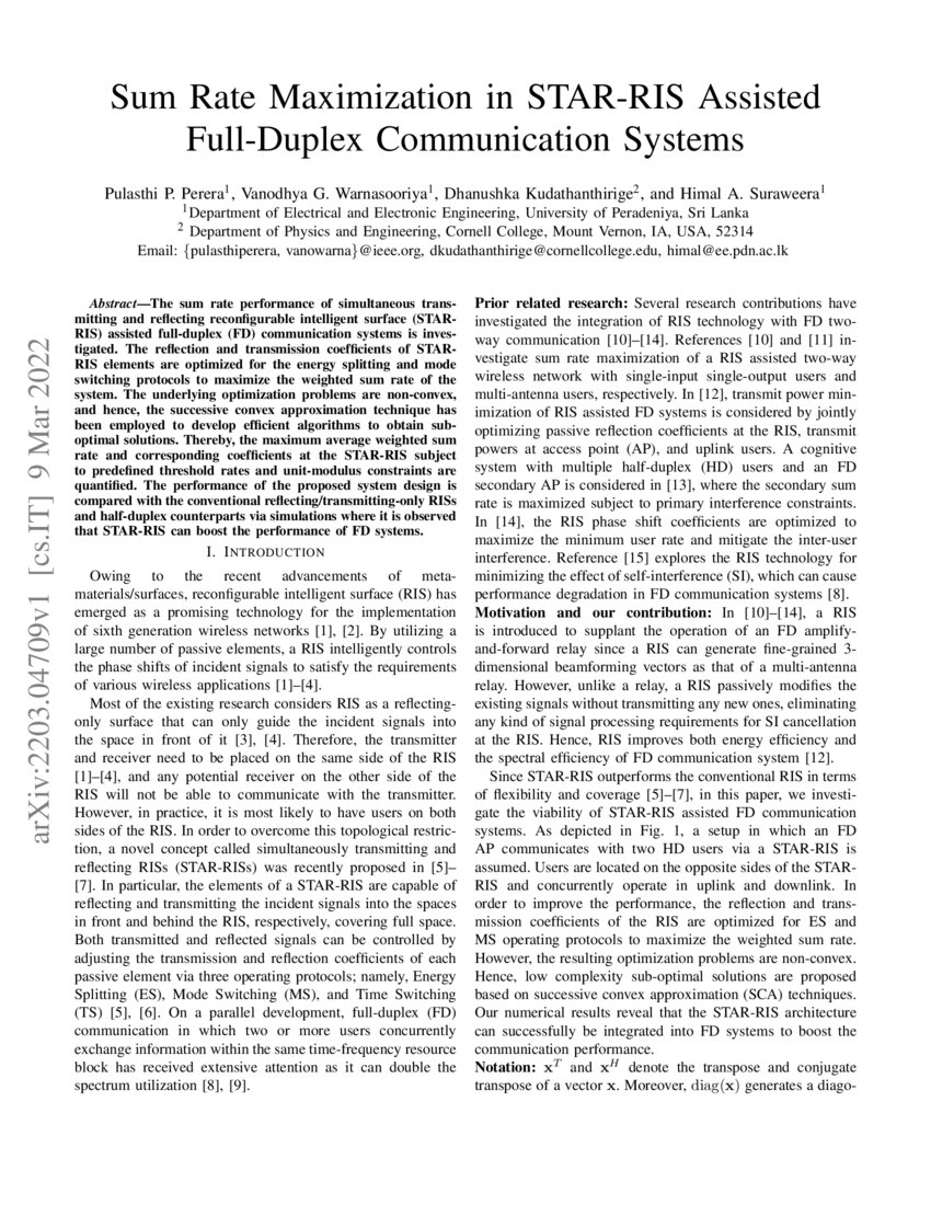 Sum Rate Maximization In Star Ris Assisted Full Duplex Communication Systems Deepai 