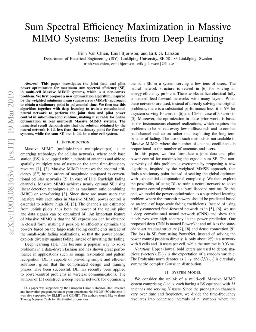 Sum Spectral Efficiency Maximization In Massive Mimo Systems Benefits From Deep Learning Deepai
