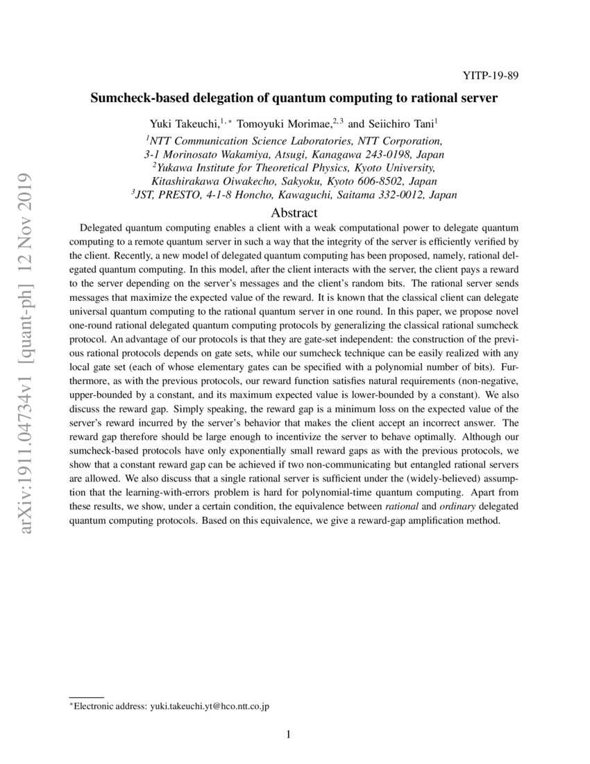 Sumcheck-based delegation of quantum computing to rational server | DeepAI