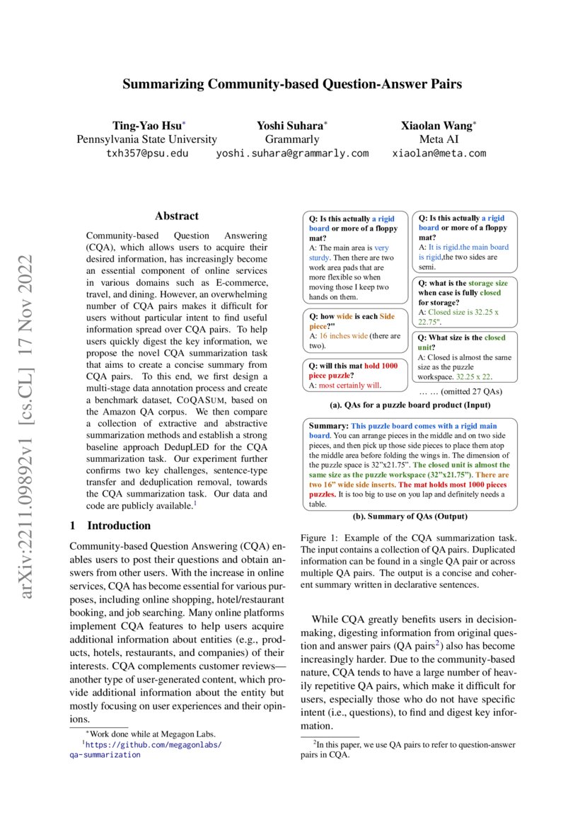 Summarizing Community Based Question Answer Pairs Deepai