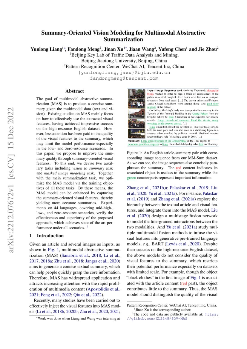 Summary Oriented Vision Modeling For Multimodal Abstractive