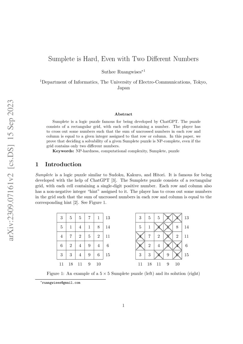Sumplete is Hard, Even with Two Different Numbers | DeepAI