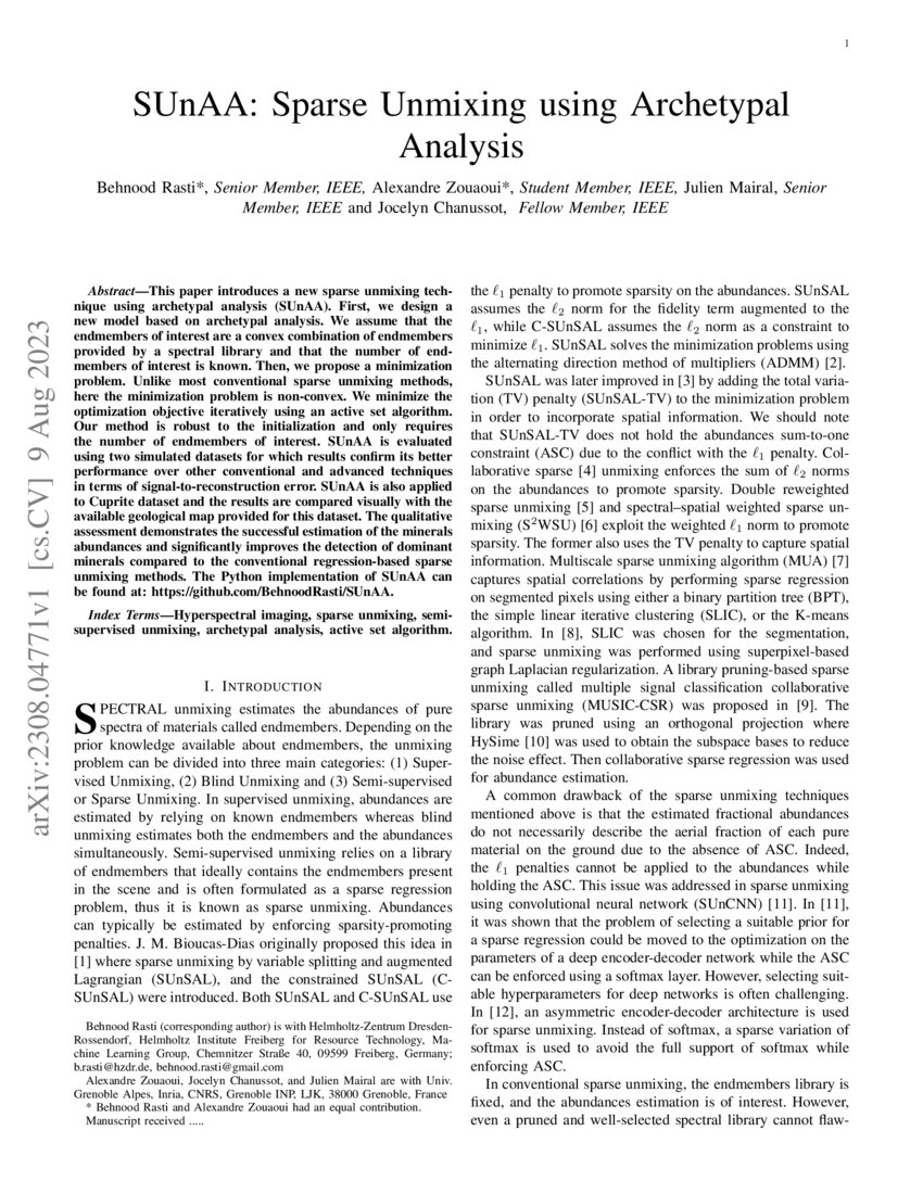 Sunaa Sparse Unmixing Using Archetypal Analysis Deepai