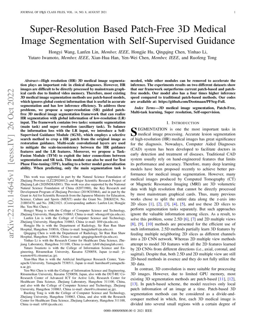 Super-Resolution Based Patch-Free 3D Medical Image Segmentation with Self-Supervised Guidance ...