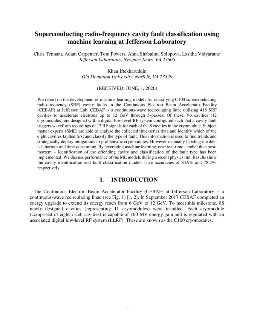 Superconducting radio-frequency cavity fault classification using machine learning at Jefferson ...