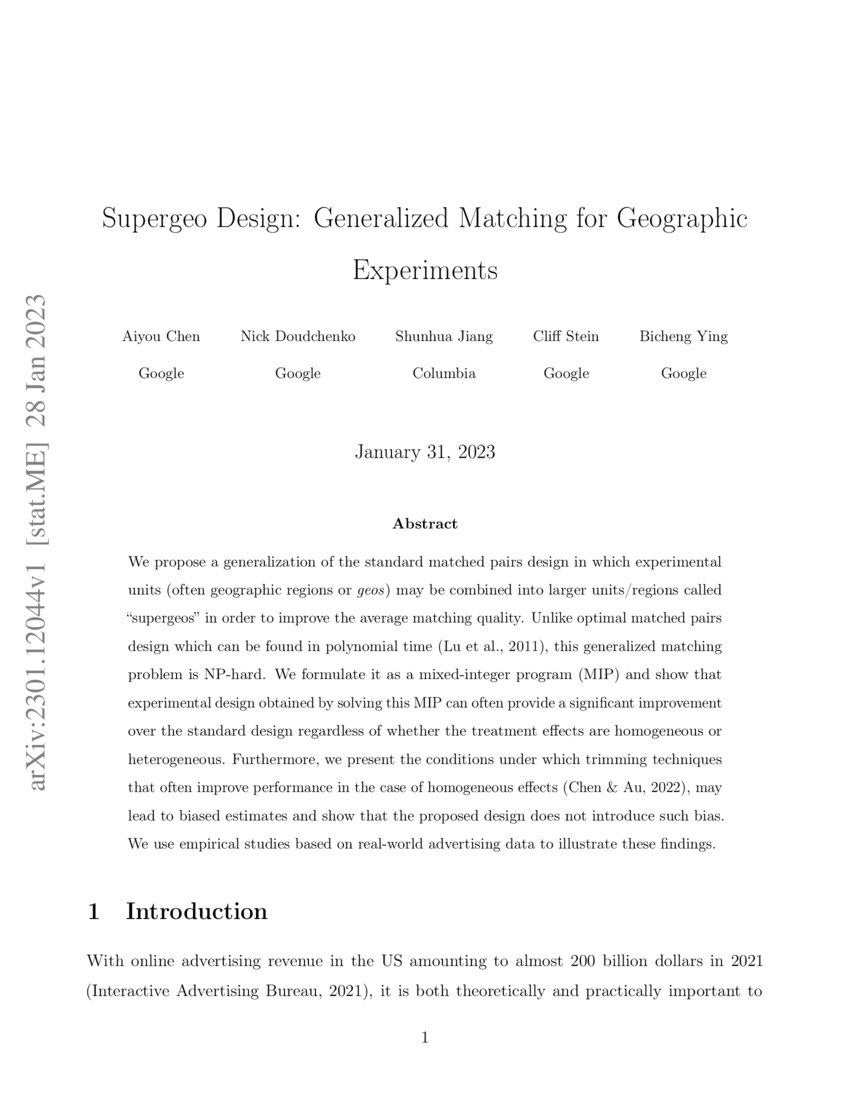 Supergeo Design: Generalized Matching for Geographic Experiments | DeepAI
