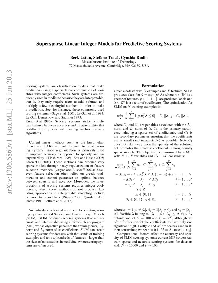 Supersparse Linear Integer Models For Predictive Scoring Systems Deepai