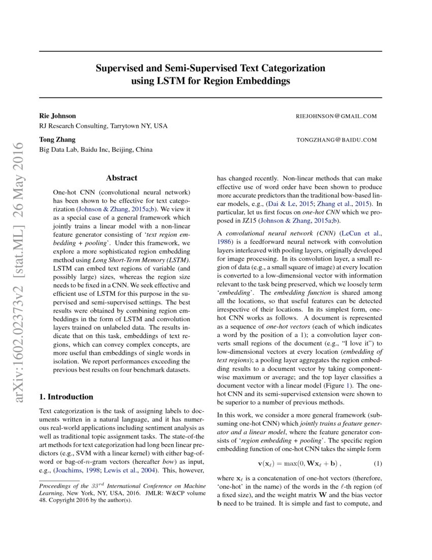 Supervised And Semi Supervised Text Categorization Using Lstm For Region Embeddings Deepai