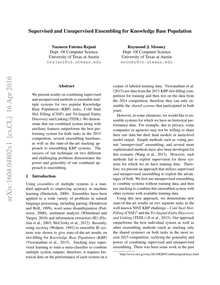Supervised and Unsupervised Ensembling for Knowledge Base Population ...
