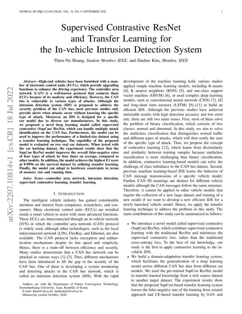 Supervised Contrastive ResNet and Transfer Learning for the In-vehicle Intrusion Detection ...