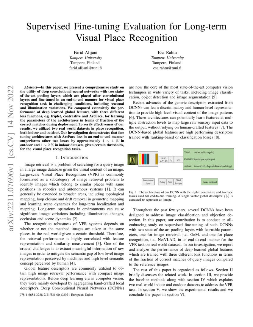 Supervised Fine Tuning Evaluation For Long Term Visual Place Recognition Deepai