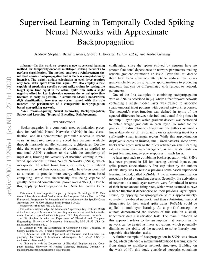 Supervised Learning In Temporally Coded Spiking Neural Networks With Approximate Backpropagation 