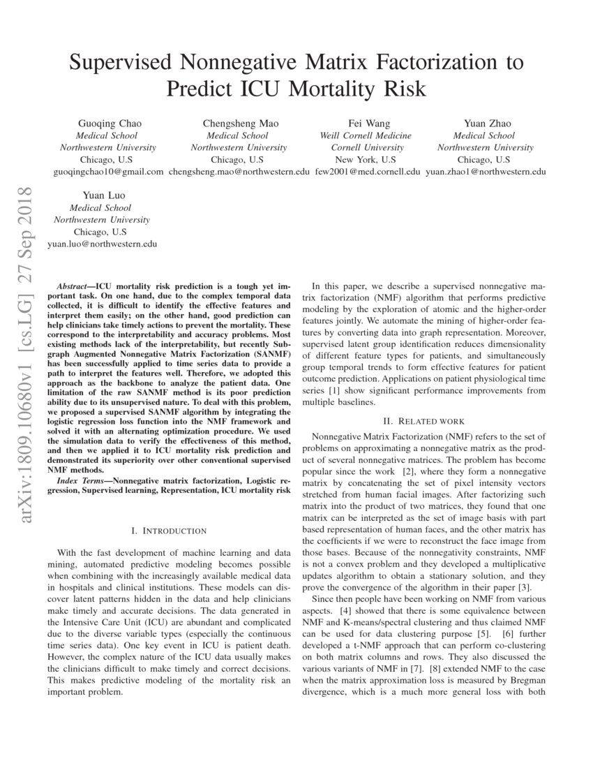 Supervised Nonnegative Matrix Factorization To Predict Icu Mortality