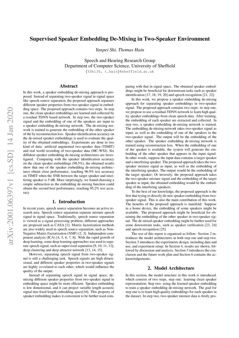 Supervised Speaker Embedding De-Mixing in Two-Speaker Environment | DeepAI