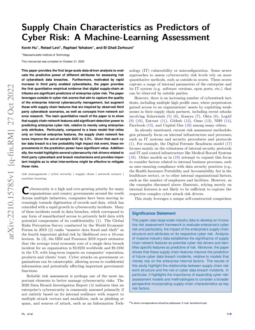 Supply Chain Characteristics as Predictors of Cyber Risk: A Machine-Learning Assessment | DeepAI
