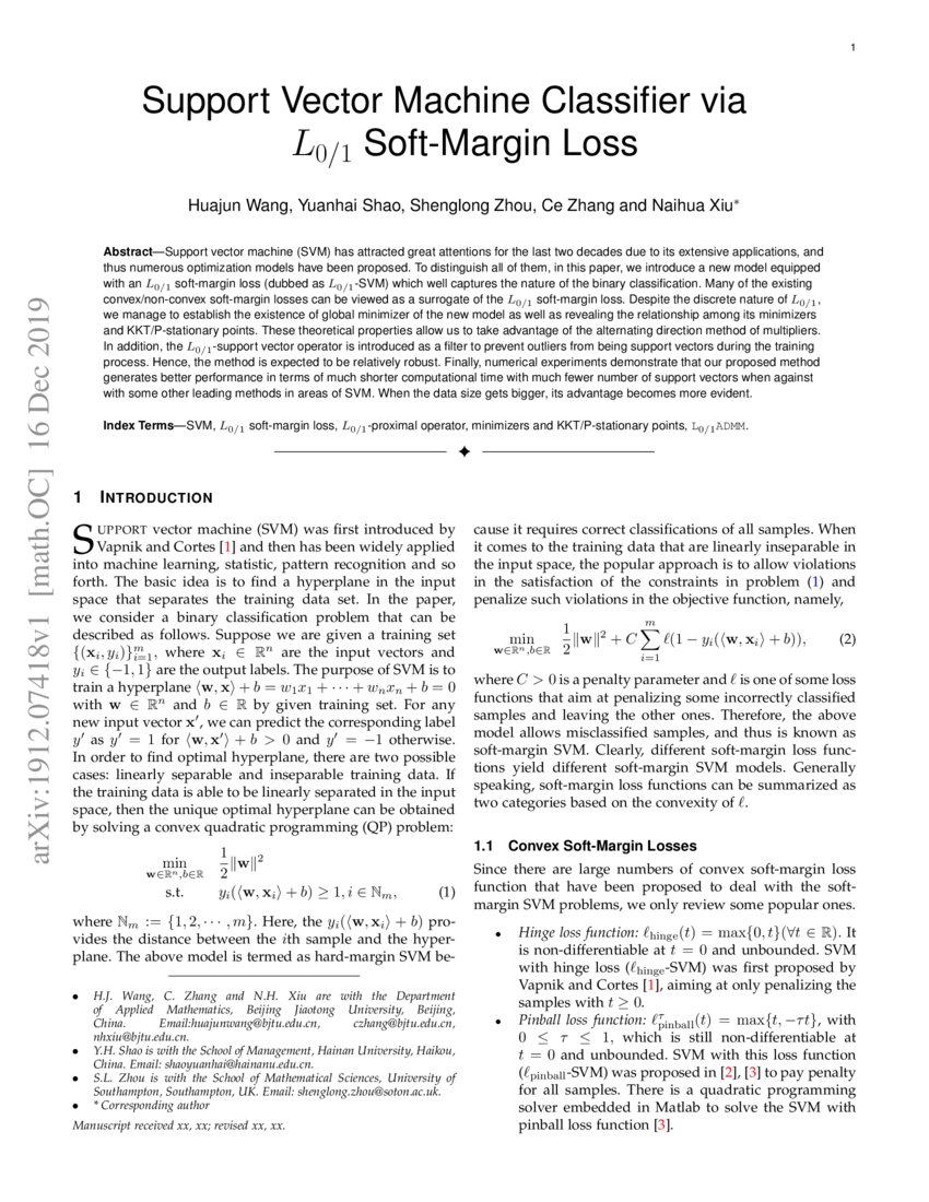 Support Vector Machine Classifier via L_0/1 Soft-Margin Loss | DeepAI