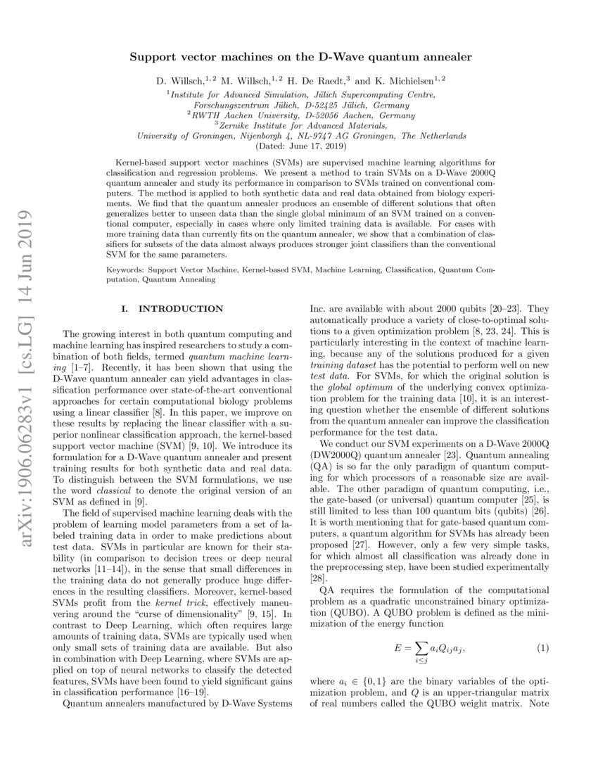 Support vector machines on the D-Wave quantum annealer | DeepAI