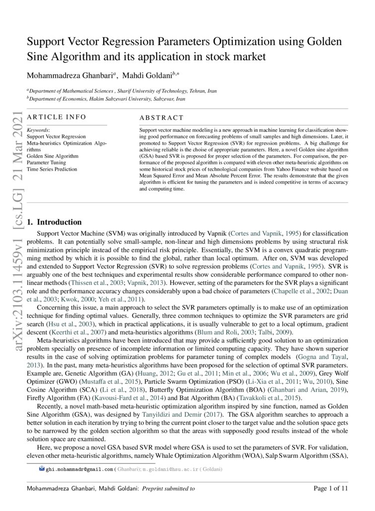 Support Vector Regression Parameters Optimization Using Golden Sine Algorithm And Its
