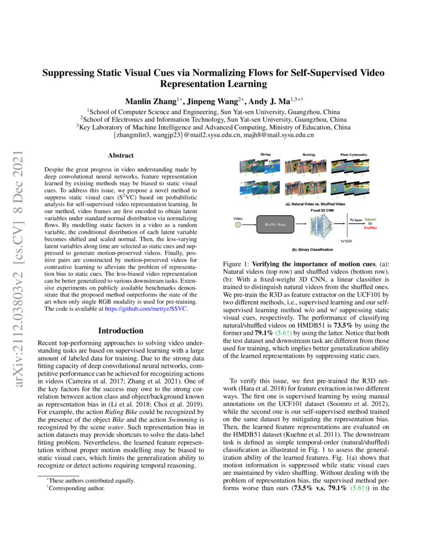 Suppressing Static Visual Cues via Normalizing Flows for Self-Supervised Video Representation ...