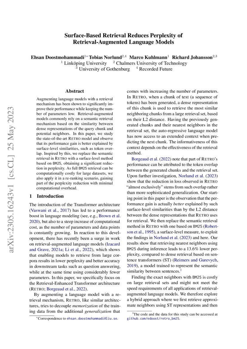 Surface Based Retrieval Reduces Perplexity Of Retrieval Augmented 3692