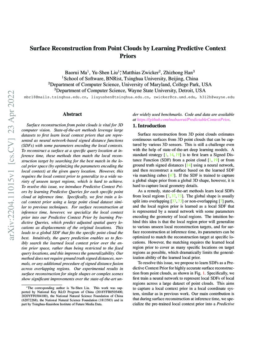 Surface Reconstruction From Point Clouds By Learning Predictive Context Priors Deepai