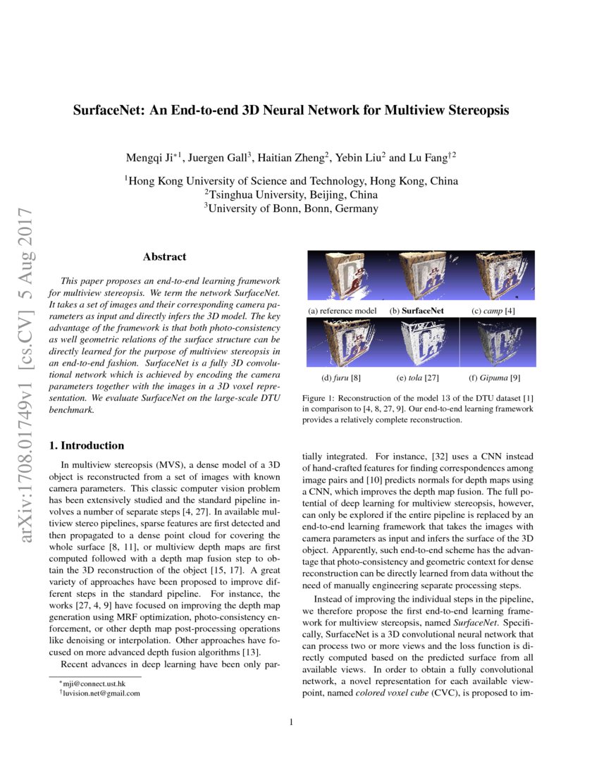 SurfaceNet: An End-to-end 3D Neural Network for Multiview Stereopsis | DeepAI